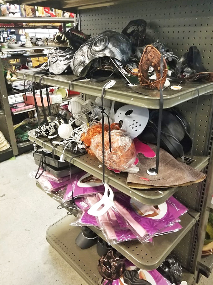 Halloween every day? This shelf of masks and oddities could furnish your next costume party or avant-garde living room installation.