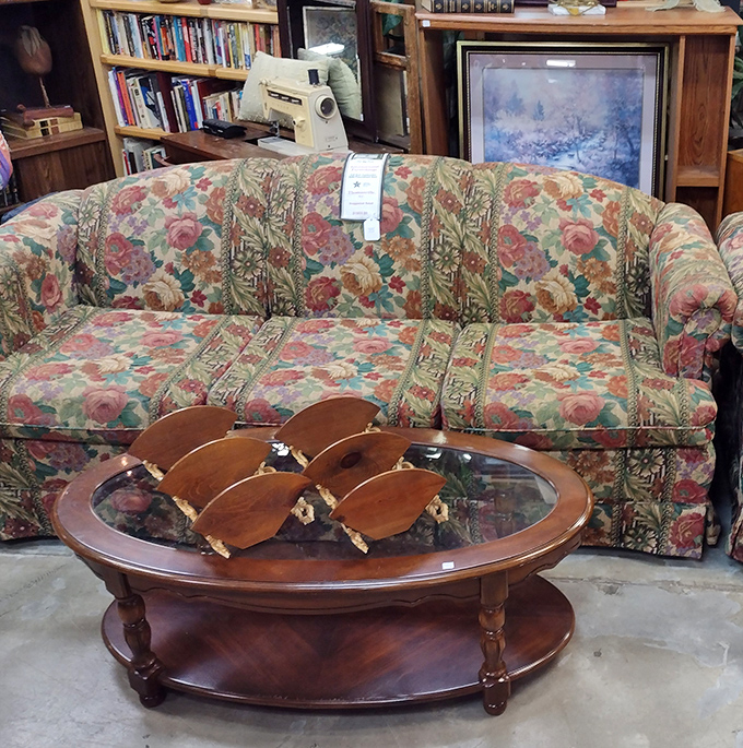 This floral couch might scream "grandma's living room," but paired with modern accents, it's exactly what HGTV calls "vintage charm."