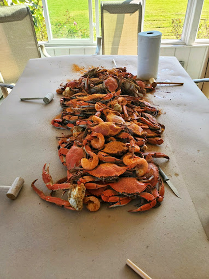 The aftermath of a proper Maryland crab feast looks like a delicious crime scene &ndash; evidence of a good time had by all.