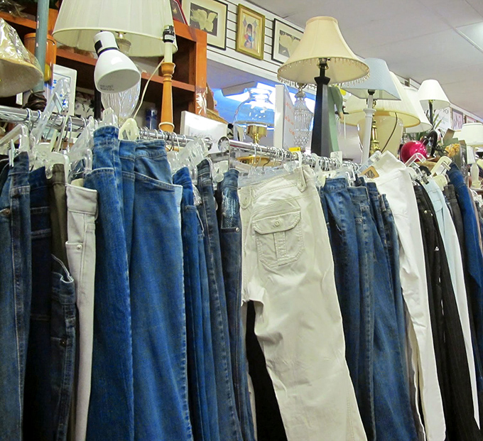 Denim heaven awaits between these racks, where yesterday's high-waisted mom jeans become today's fashion statement. One person's castoff is another's signature look.