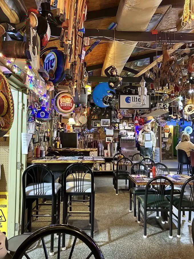 The dining area feels like eating in your eccentric uncle's trophy room—if your uncle happened to be Captain Ahab with better taste.