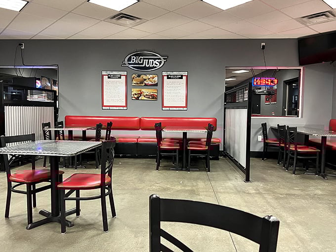 The dining area's simple design sends a clear message: nothing should distract you from the serious business of burger consumption.