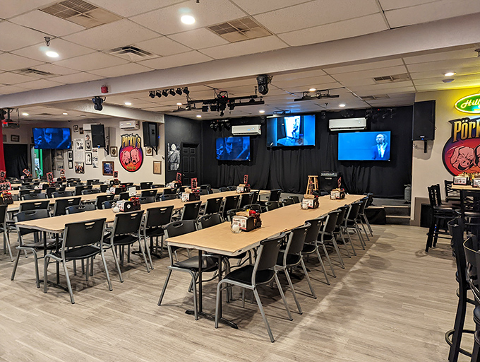 The dining area isn't just spacious&mdash;it's designed for the serious business of barbecue consumption, where sauce-stained shirts are badges of honor.