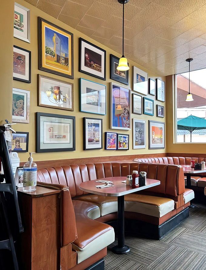 The booths tell stories of first dates and family dinners, while the wall art gallery offers a master class in California nostalgia.