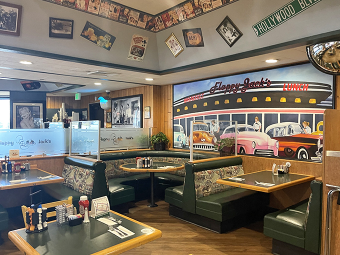 Classic Americana in wood and vinyl. The booths at Flappy Jack's have probably heard more morning conversations than most therapists.
