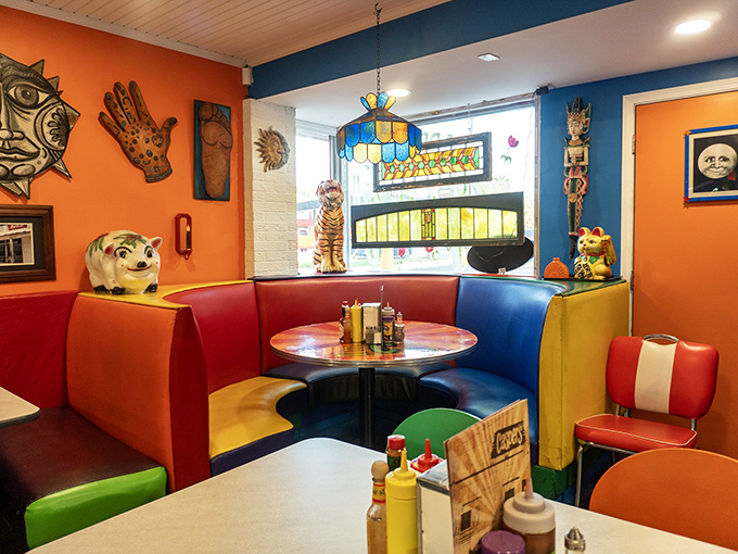 Classic diner seating where countless stories have been shared over coffee and comfort food.