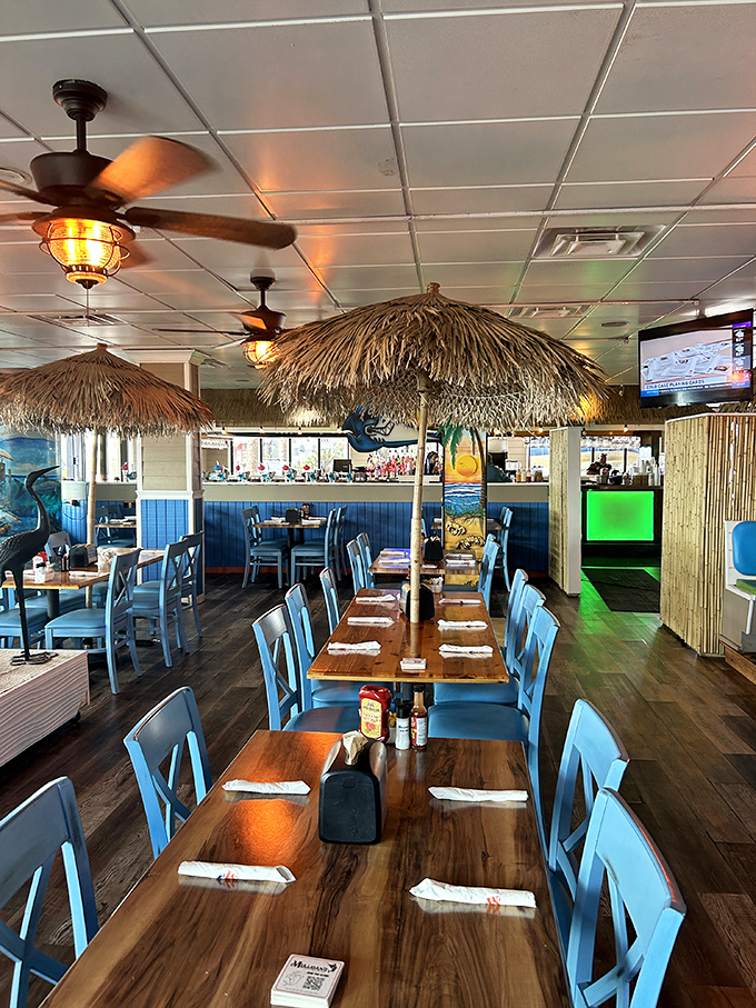 The dining room whispers "Yes, you're really in Florida" with every thatched umbrella and blue chair &ndash; casual elegance with a side of sea breeze.