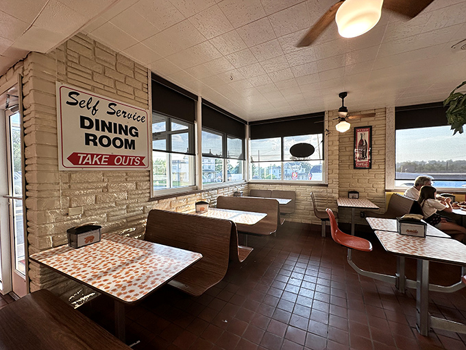 The self-service dining room speaks to a simpler time when food was the entertainment and conversations weren't interrupted by notifications.
