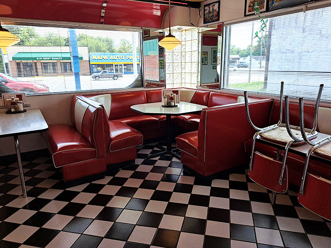Corner booth perfection. These red vinyl sanctuaries with their pristine white tables offer the best seats in the house for people-watching and pancake-eating.