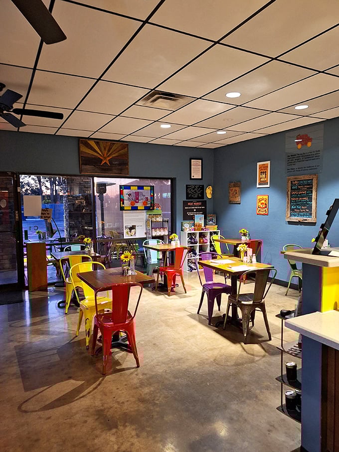 Blue walls and sunshine streaming through windows create the perfect backdrop for morning conversations and coffee revelations.