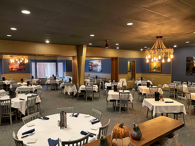 The spacious dining room with its Door County-inspired artwork creates the perfect backdrop for making memories over exceptional meals.