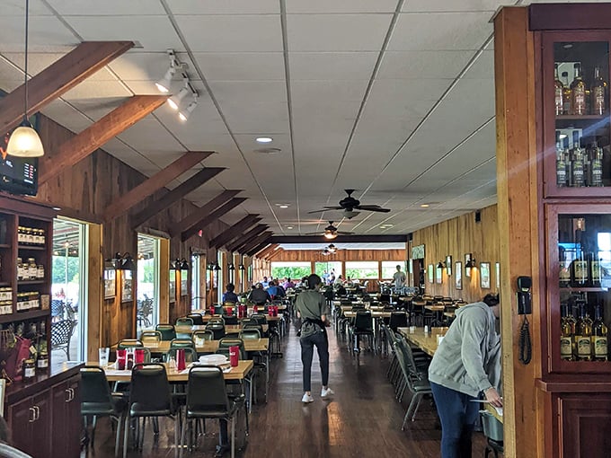 The warm wood interior feels like Grandma's dining room, if Grandma could cook for 200 people at once.