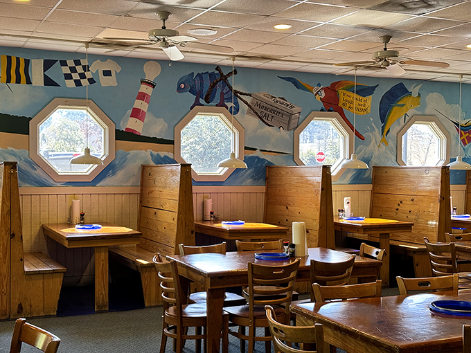 Wooden booths and ocean-themed murals create the perfect backdrop for seafood indulgence. Like dining in a fisherman's daydream. 