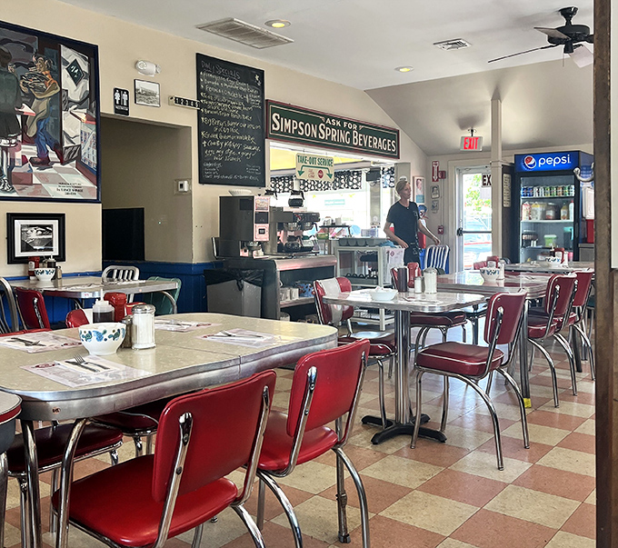 Classic diner aesthetics done right. Those red chairs aren't just seating&mdash;they're front-row tickets to the greatest show on earth: breakfast.