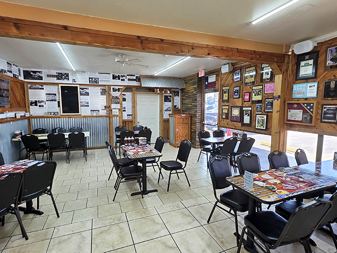 Not just tables and chairs, but front-row seats to the greatest show on earth: people experiencing barbecue bliss in real time.