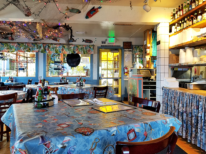 The dining room feels like it was decorated by a sea captain with excellent taste—colorful, quirky, and completely authentic.