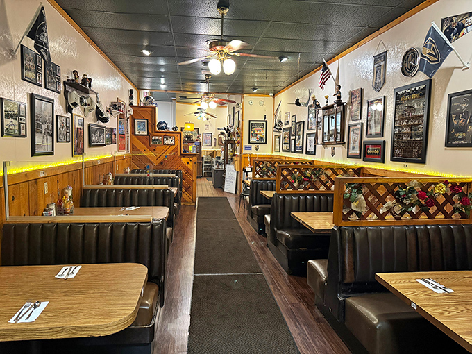 Classic diner booths where countless Vegas stories have been shared over coffee refills and hash browns.