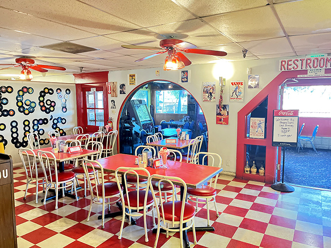 Vinyl records adorn the walls and ceiling, as if Elvis himself decorated the place during a particularly inspired weekend.