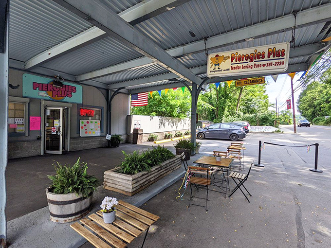 The converted gas station exterior offers a few tables for those who can't wait to get home. Food this good creates its own ambiance.