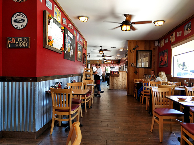 Red walls and rustic charm create the perfect backdrop for breakfast memories, where every table tells a story of good food and better company.