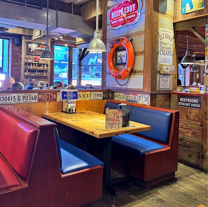 Red booths, weathered wood, and nautical touches create the perfect backdrop for that "I can't believe we're in Times Square" moment.