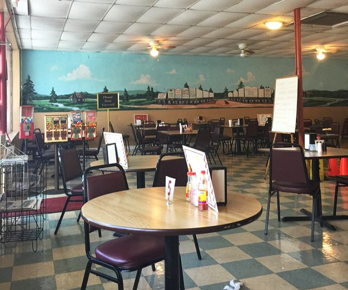 The dining room's pastoral mural and checkerboard floor create an atmosphere that says "stay awhile" &ndash; and with food this good, why wouldn't you?