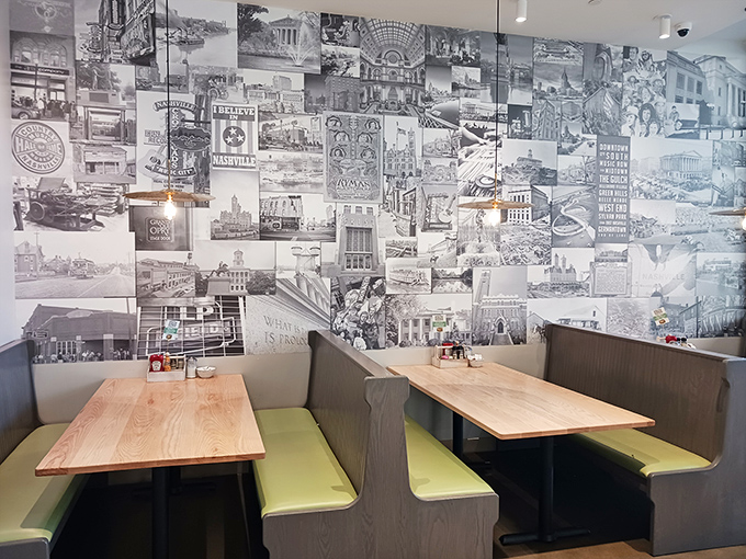 Black and white Nashville memories line the walls, creating a sense of place while you contemplate ordering seconds.