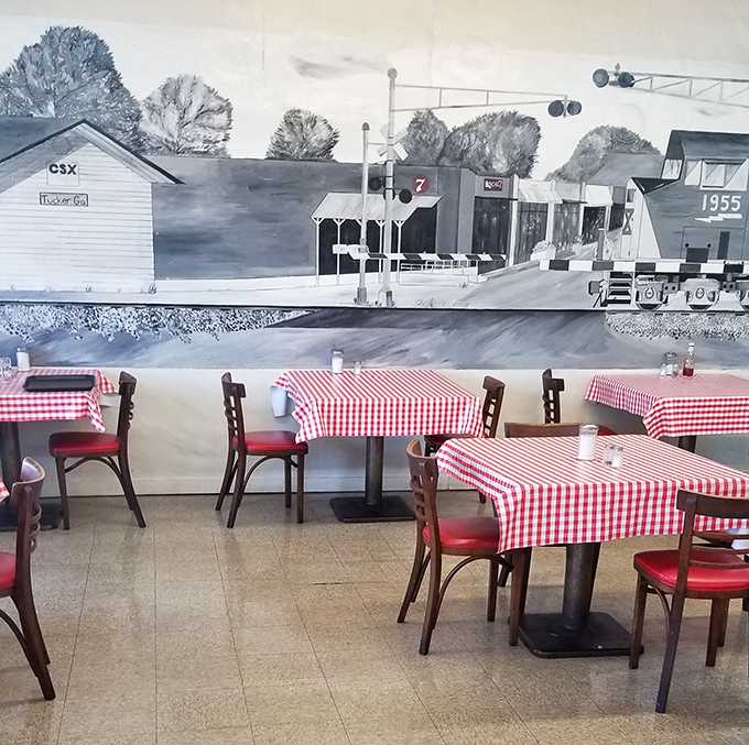 The dining room's railroad-themed mural pays homage to Tucker's history while you contemplate a second helping of everything.