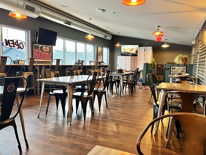 Simple, functional, and welcoming &ndash; the dining area at Futuro lets the pizza be the star while providing front-row seats to the show.