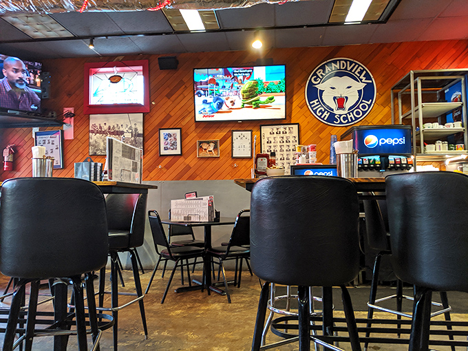 Local pride adorns the walls while comfortable seating invites you to stay awhile. Grandview High School spirit included at no extra charge.