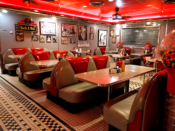 Rock and roll meets breakfast rolls. The red vinyl booths and vintage memorabilia create the perfect stage for morning dining drama.