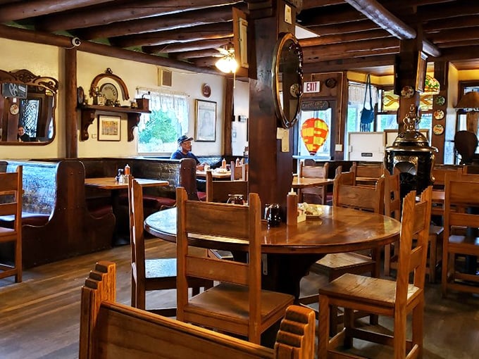 Wooden beams, warm lighting, and the promise of exceptional food&mdash;this dining room feels like the New Mexico you've always dreamed about.