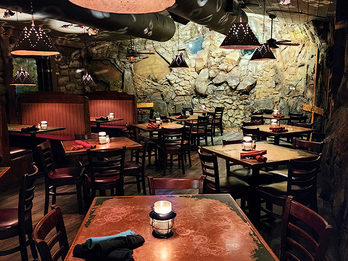 Dining room or movie set? The stone walls and ambient lighting create the perfect backdrop for your "I can't believe how good this food is" face.