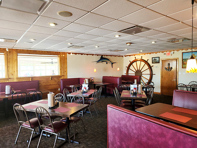The dining room's nautical touches aren't trying too hard&mdash;they're just enough to remind you that your dinner probably swam this morning. Those burgundy booths have heard some stories.
