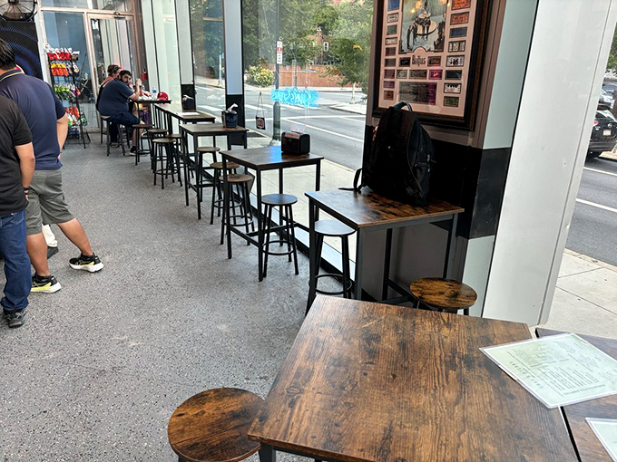 Simple, functional seating with a view of Philly streets&mdash;because when the food is this good, you don't need fancy chairs.