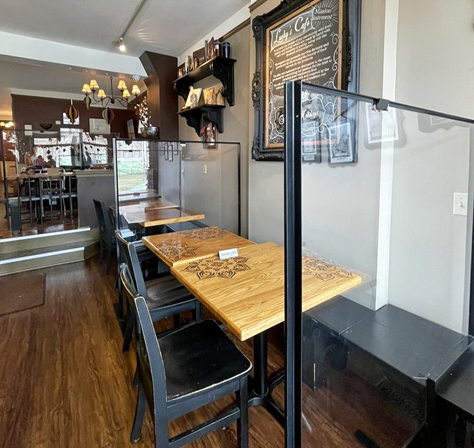 The dining area balances rustic charm with modern touches, creating the perfect backdrop for serious breakfast contemplation.