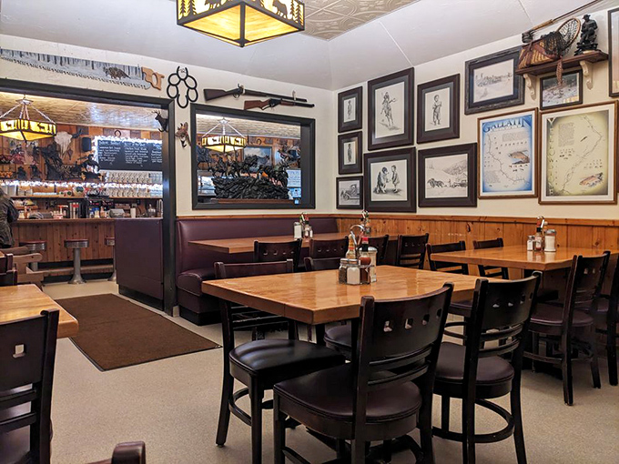 The dining area balances functionality with Western charm &ndash; those wildlife-silhouette light fixtures casting a warm glow over conversations and coffee refills.