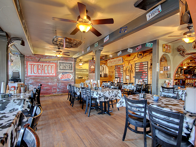 The dining room feels like the living room of that cool uncle who collected license plates and always had the best stories.