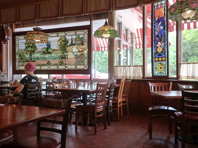 The stained glass windows filter daylight into an artist's palette of colors, turning an ordinary breakfast into a near-religious experience.