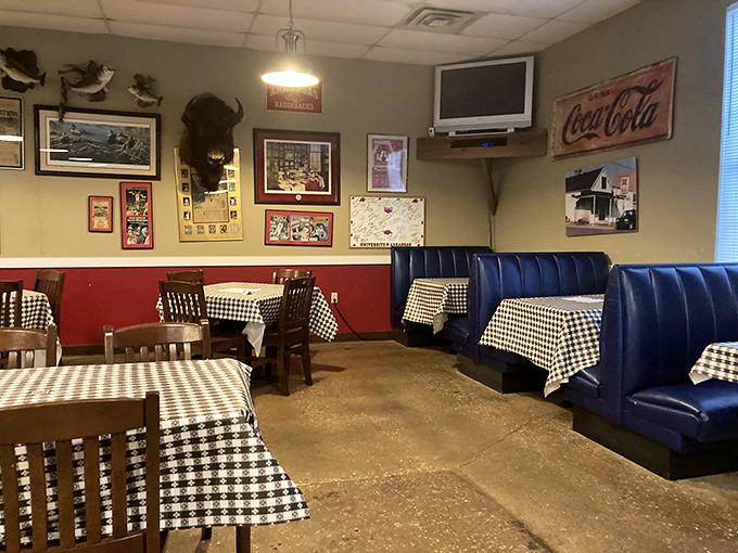 The dining room—where checkered tablecloths and mounted memorabilia create the perfect backdrop for making memories over massive meals.