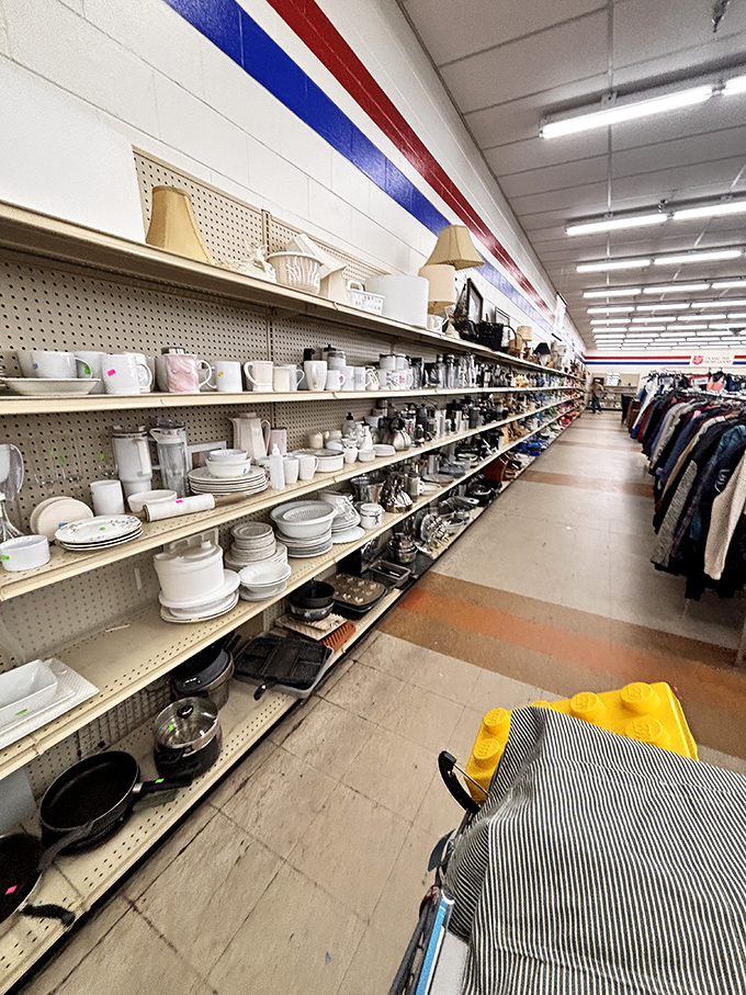 The dishware aisle: a ceramic timeline of America's dining habits. From formal china to quirky mugs, every meal style is represented.
