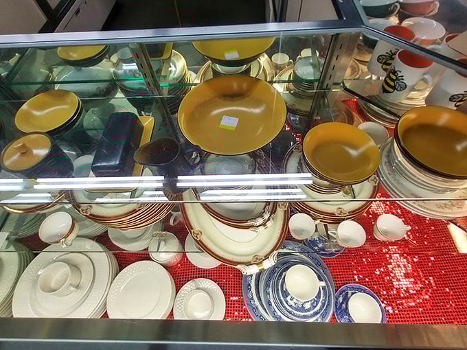 Vintage dinnerware that survived decades of family meals now awaits your table. Those amber glass plates definitely hosted some serious 1970s dinner parties.