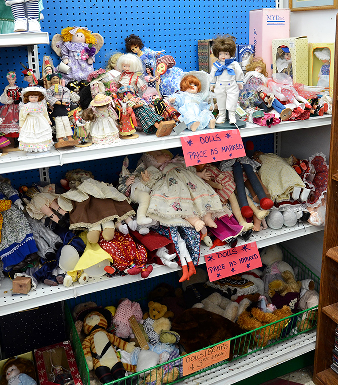 The doll section: equal parts charming and slightly eerie. These silent witnesses to childhood joy are priced as marked and ready for adoption.