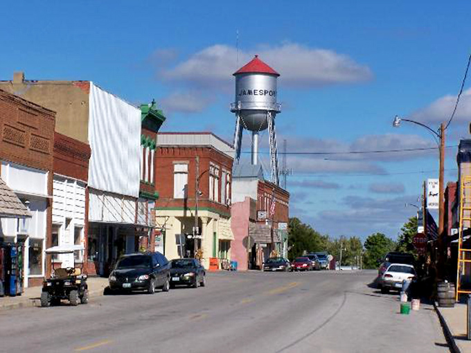 Jamesport's main street and iconic water tower create a skyline that won't overwhelm you with height, but might just overwhelm you with charm.