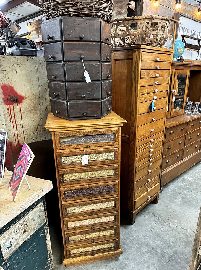 These wooden storage cabinets with their perfectly worn patina tell stories of workshops past&mdash;organizational systems before there were apps for that.