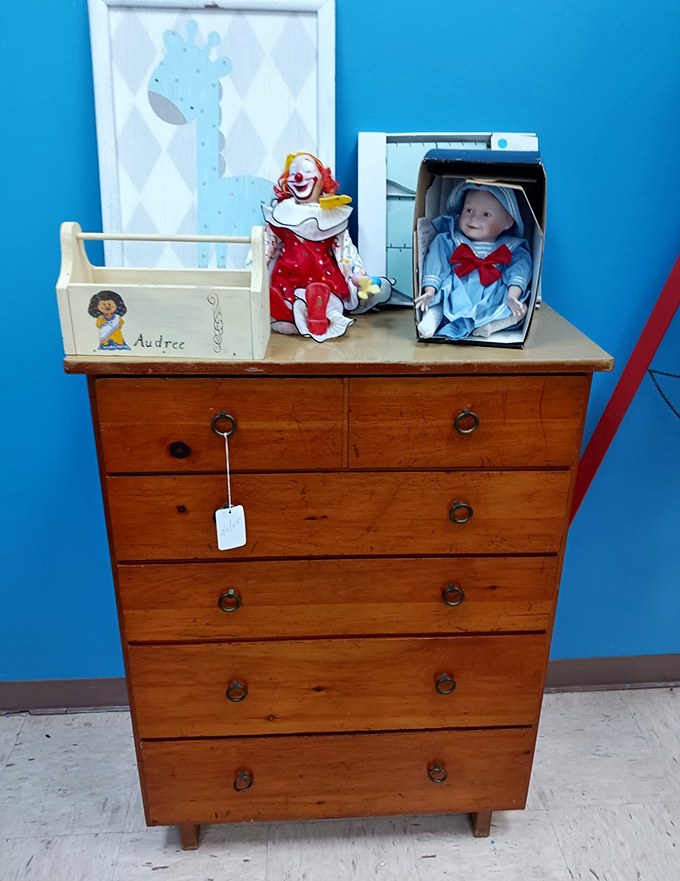 This dresser has stories to tell! Solid wood craftsmanship with drawers deep enough to hide Christmas presents or your secret stash of chocolate.