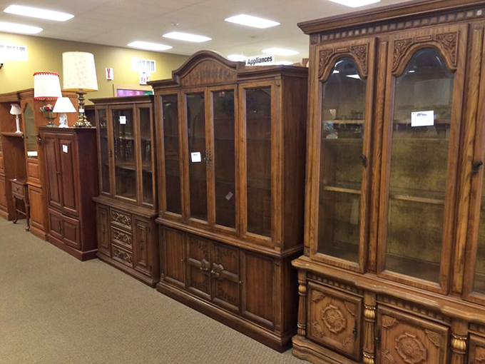 These aren't just display cases&mdash;they're architectural statements from an era when furniture was built to outlast its owners. Solid craftsmanship at thrift store prices.