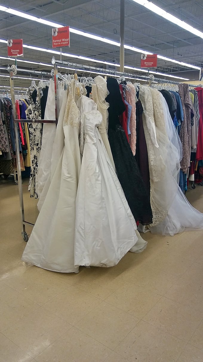 Wedding dress row: where once-worn gowns wait for second chances at happily-ever-after, each with its own story pinned to the sleeve.