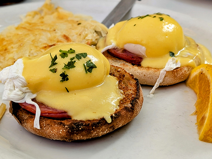 Eggs Benedict that would make the pope jealous&mdash;hollandaise sauce cascading down like a yellow waterfall of breakfast bliss.