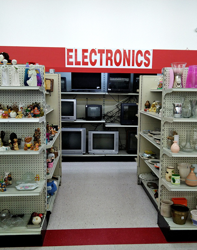The electronics section: where yesterday's technology finds tomorrow's purpose. Those old TVs might be dinosaurs, but they're priced like eggs, not caviar.
